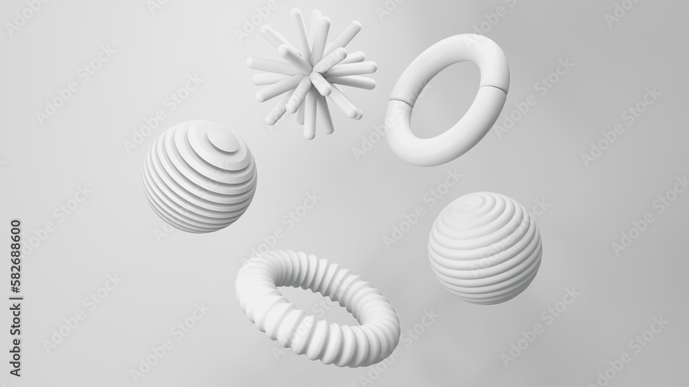 Abstract minimal 3d rendering, bright blue geometric background with cubes, objects, forms ...