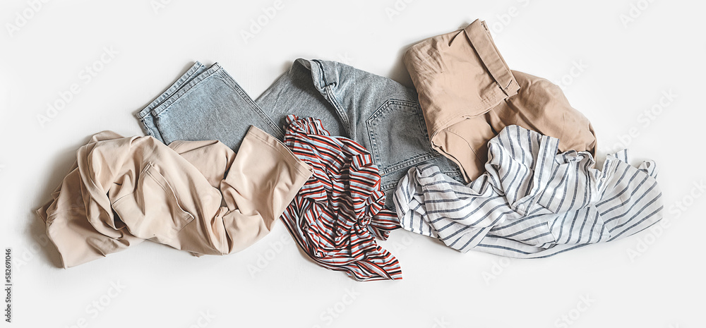 Second hand clothes, used wardrobe. Circular fashion, fast fashion, eco ...