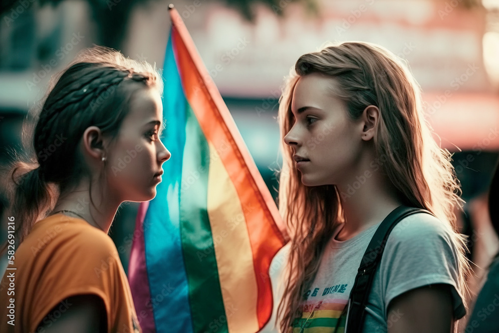 Two teenage girls proudly at LGBT Pride Parade. Young couple showing ...