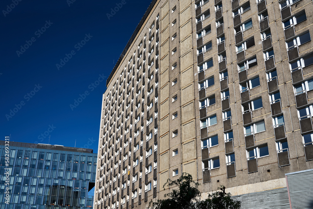 facades of modern high-rise concrete and glass buildings in the city of ...