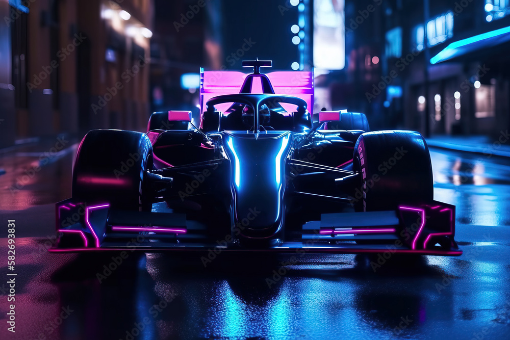 A f1 futuristic car with leds a neons in a city at night with cyberpunk ...