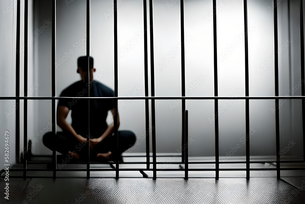 AI generated image of unidentifiable man behind bars due to crime committed. ilustración de ...