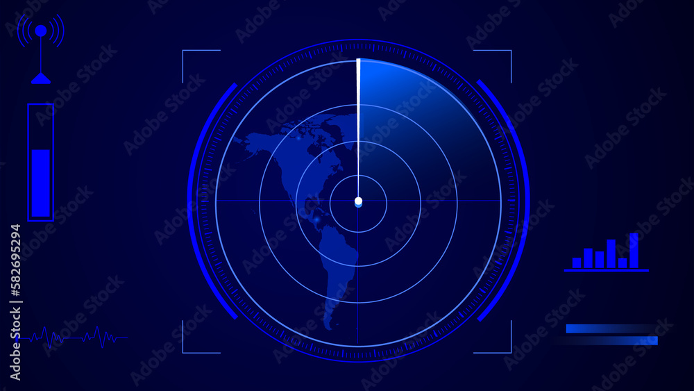 Digital technology radar screen on world map scanning different ...