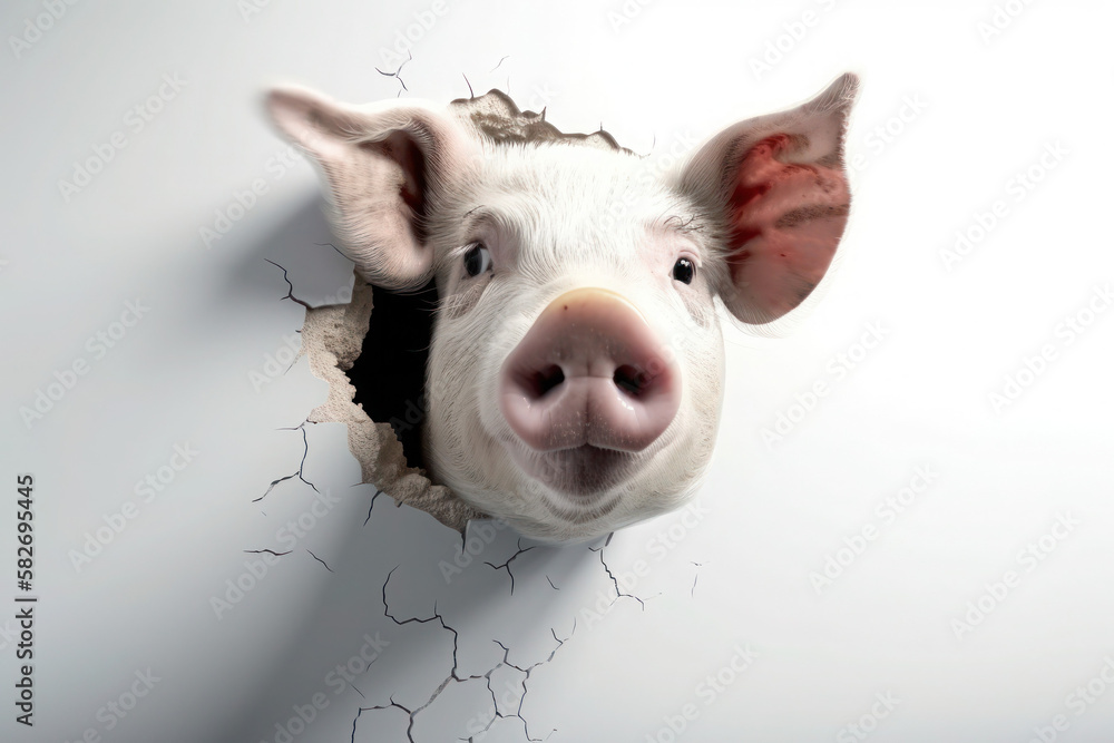 Pig peeking out of a hole in the wall white background white wall pig's ...