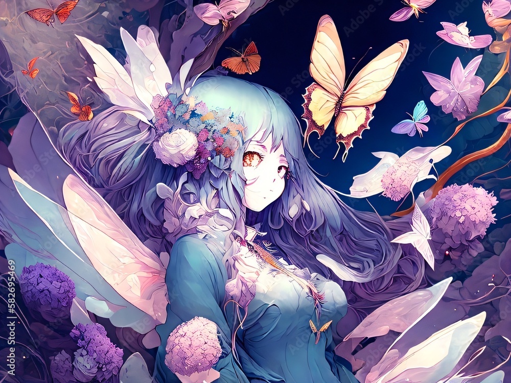 Girl and butterflies, anime style. Created with generative AI tools ...
