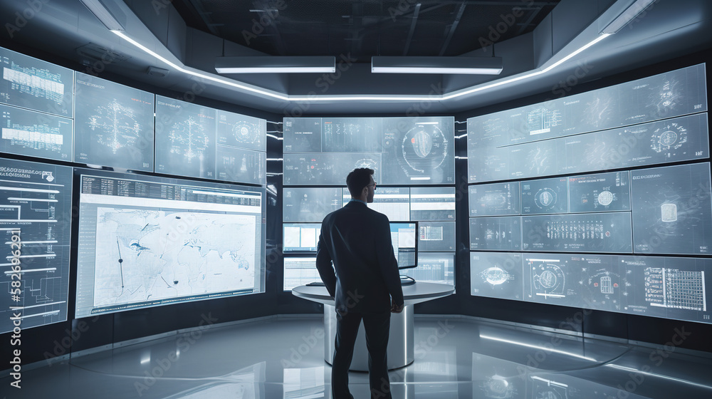 Man Analyzing Data Dashboard with Multiple Meters, Graphs and Charts in Bright White Room: Big ...