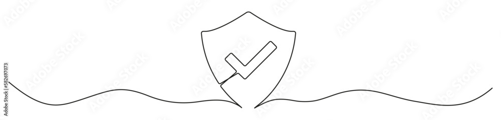 Shield with checkmark continuous line art drawn. Protect linear symbol ...