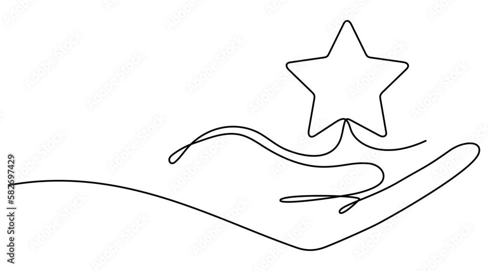 Hand holds star continuous line art drawing. Human arms palms. Rating ...