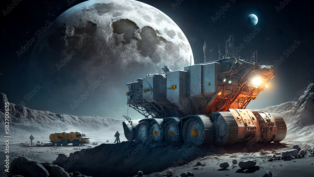 Astronaut and huge futuristic vehicle explore on an alien planet with ...