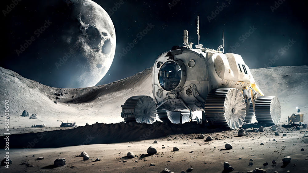 Astronaut and huge futuristic vehicle explore on an alien planet with ...