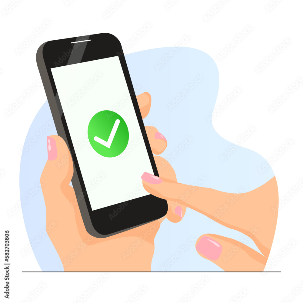 Vector smartphone frame with ok logo with female hands. Technology ...