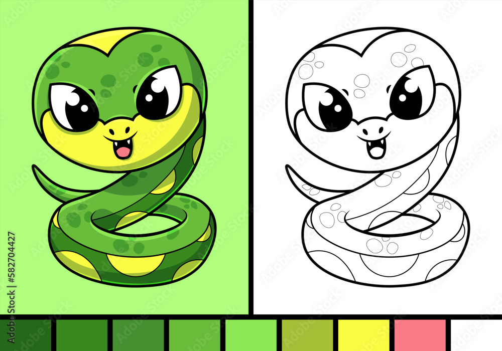 Cute snake cartoon illustration in coloring page style baby wild animal ...