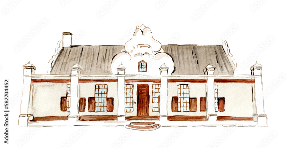 Watercolour illustration of a cape dutch manor house in South Africa ...