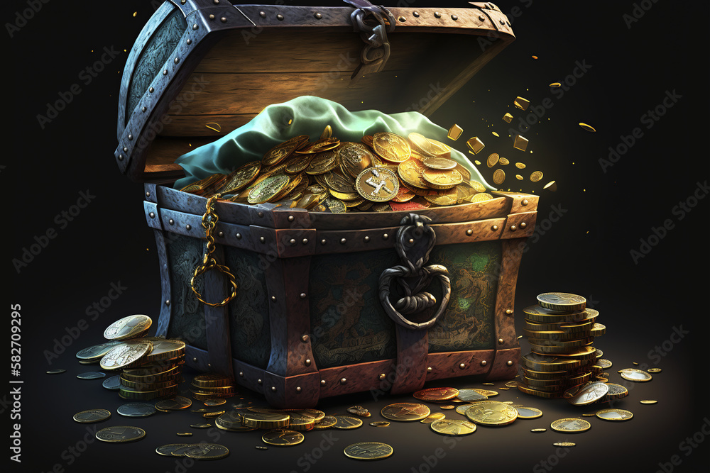 Pirate treasure chest with lots of gold coins and glowing lights ...