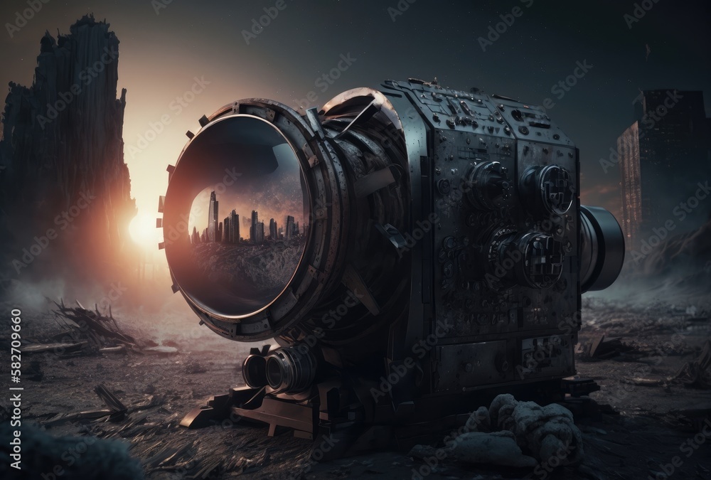 Reflection of an apocalyptic city on the lens of a camera created with ...