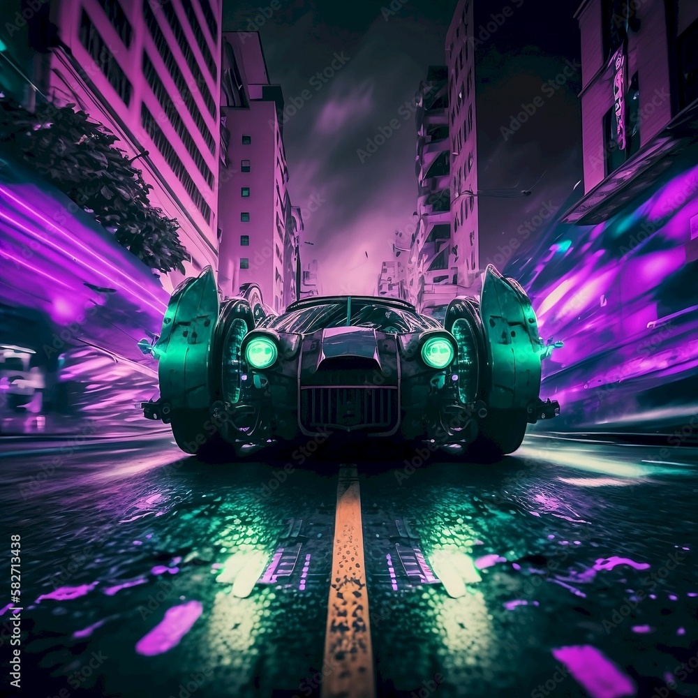 Purple and green racing car drives in the middle of the night in a big ...