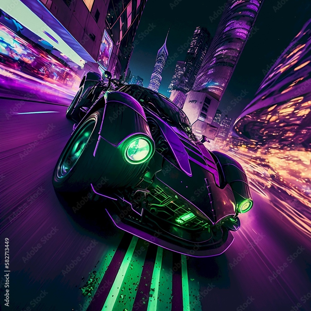 Purple and green racing car drives in the middle of the night in a big ...