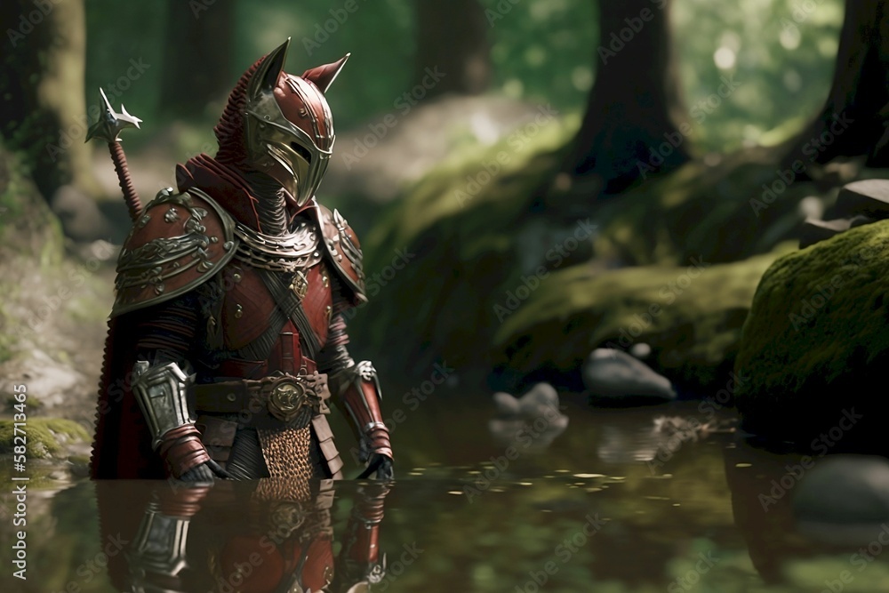 Fox warrior wears red samurai armor standing in the middle of mythical ...
