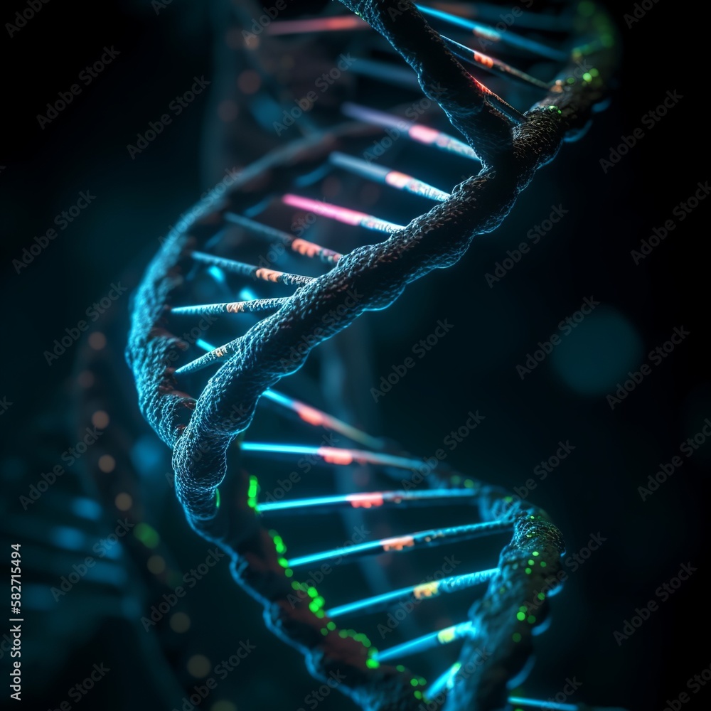 A DNA strand vividly highlighted with fluorescent tagging, showcasing ...