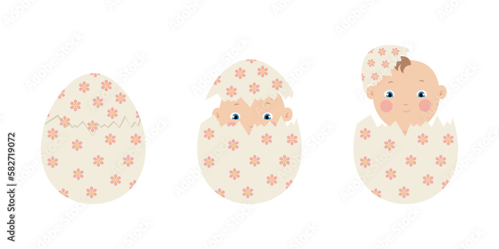 Human baby hatching from egg, embryo development evolution, vector ...