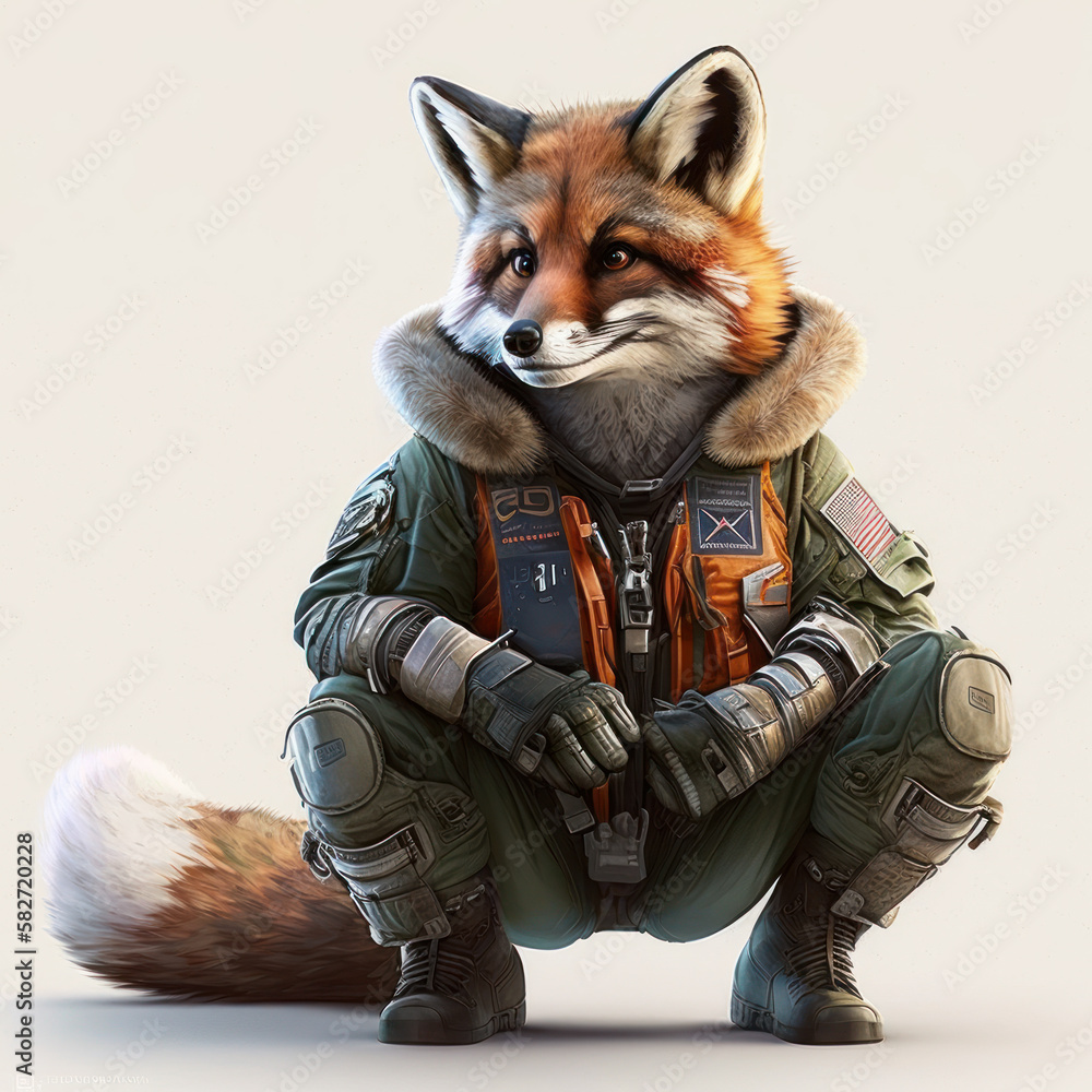 Fox pilot character in a flight suit, squatting down, generative AI ...