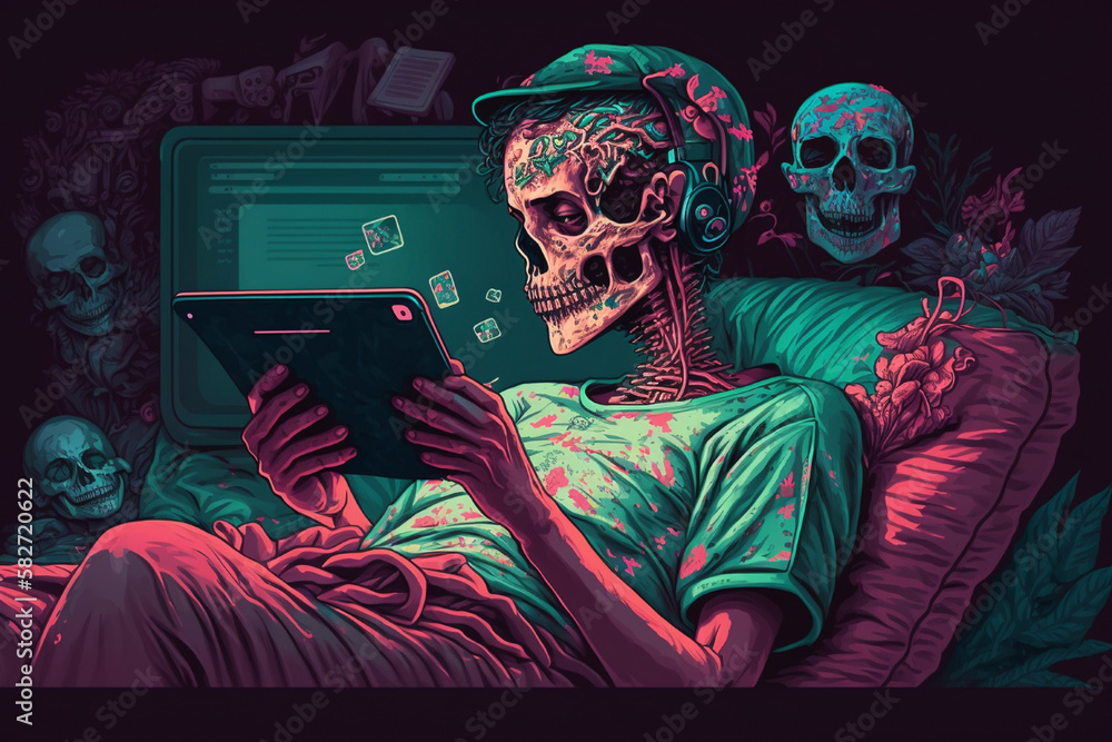 skeleton online with a tablet in hand, doomscrolling concept, created ...