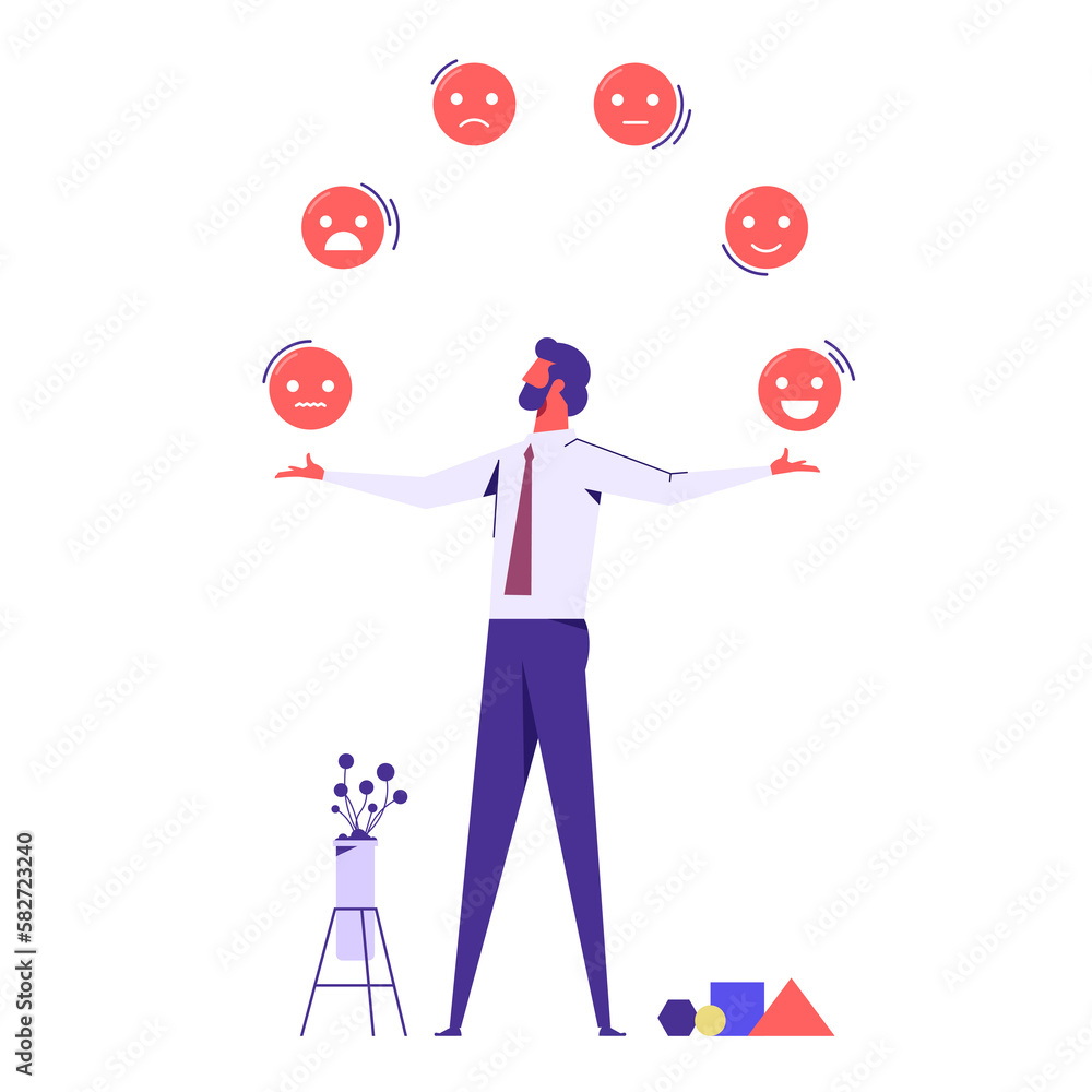 Juggling emotions control concept, businessman juggling emotions icons ...