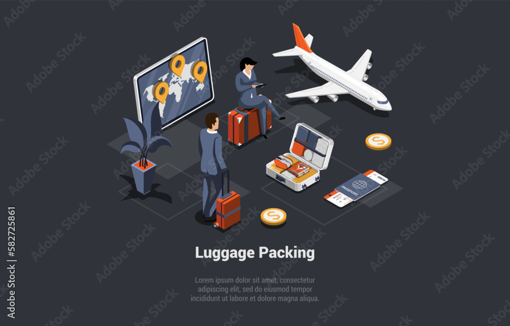 Luggage Pack Concept. Characters Are Packing Suitcase To Go On Or Trip ...