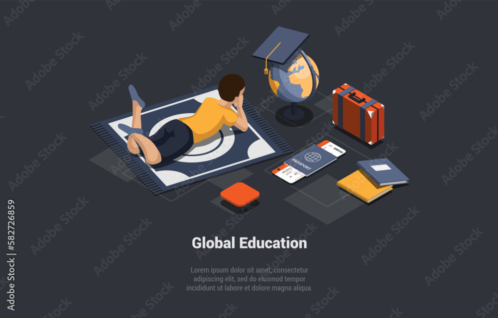 Global Education And Online E-Learning Concept. Boy Student Passed Exam ...