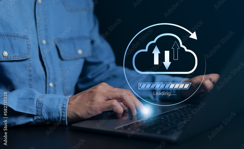 Technology data transformation concept. Businessman using computer with ...