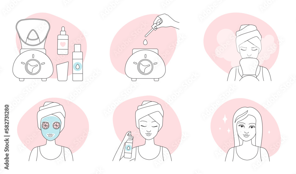 Face spa infographic line icons set vector illustration. Hand drawn ...