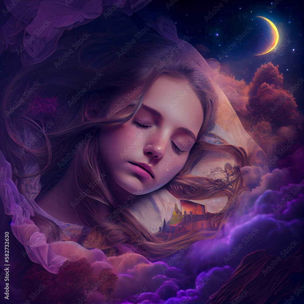 Illustration of a cute sleeping girl in dreams - made with generative ...