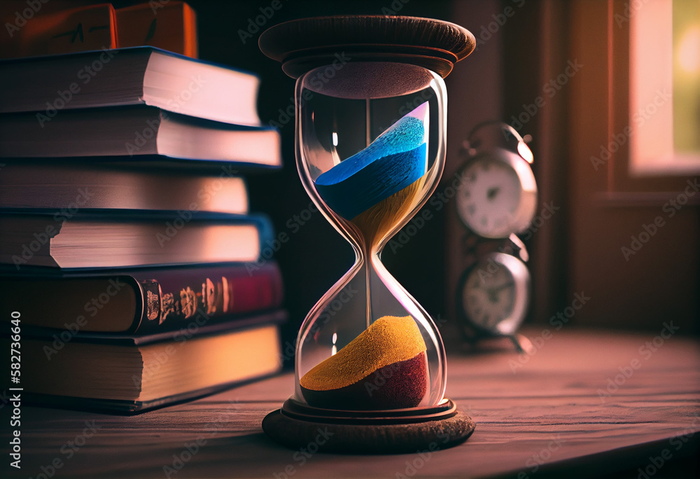 Hourglass with Glowing Sand on a stack of books on a table in a library ...