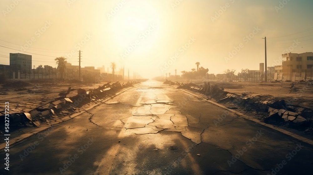 empty main road in post apocalyptic city made of vehicle wrecks ...