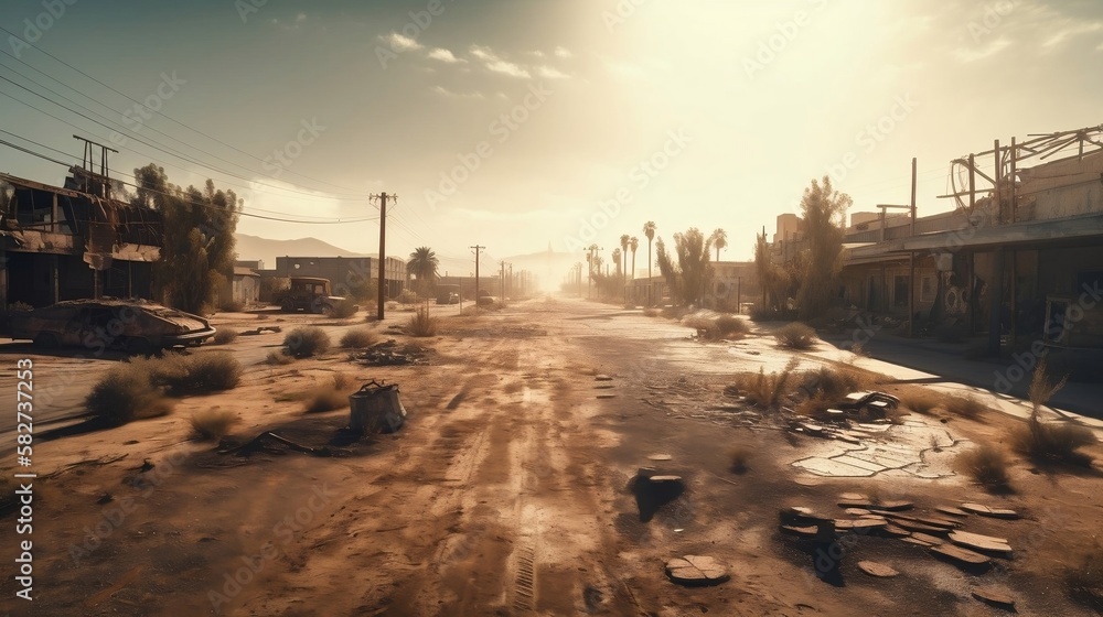 empty main road in post apocalyptic city made of vehicle wrecks ...