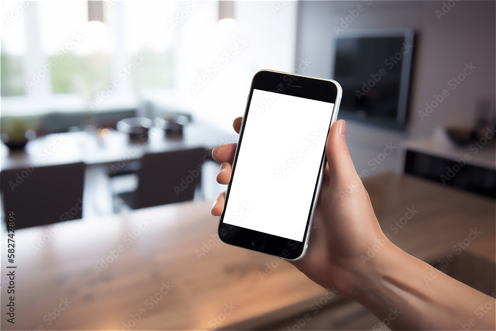 blank screen of modern smartphone in hands with blurred living room ...