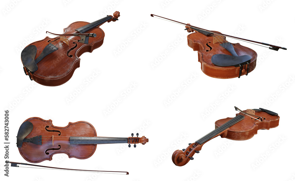 3d illustration or illustrations of a realistic old wooden violin ...