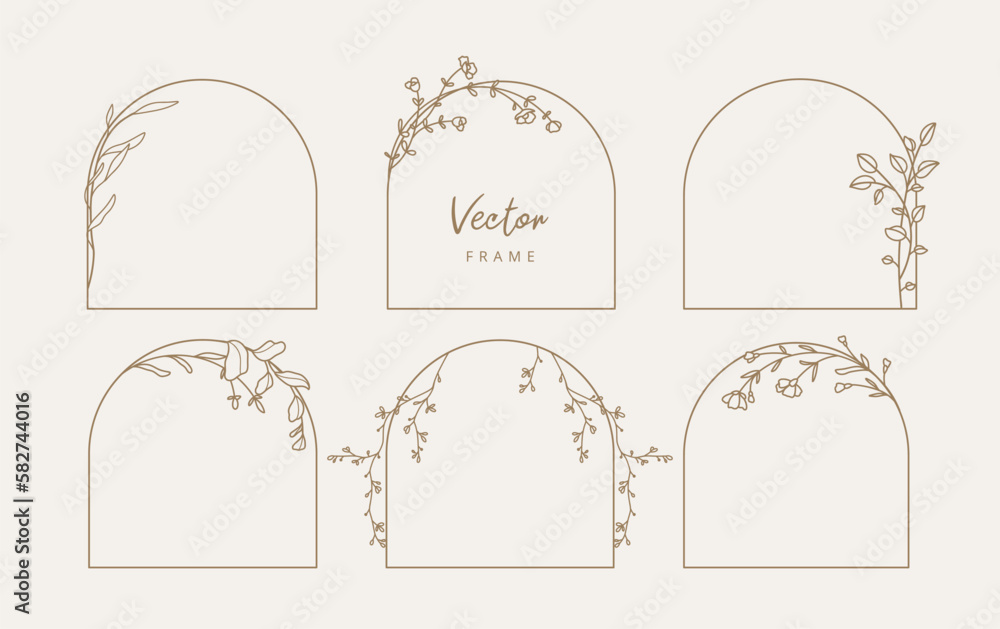 Arch frame with flowers and leaves In trendy linear style. Collection ...