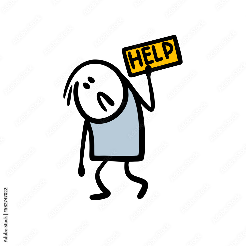 Cartoon unfortunate poor stickman wanders dejectedly, carrying a sign ...