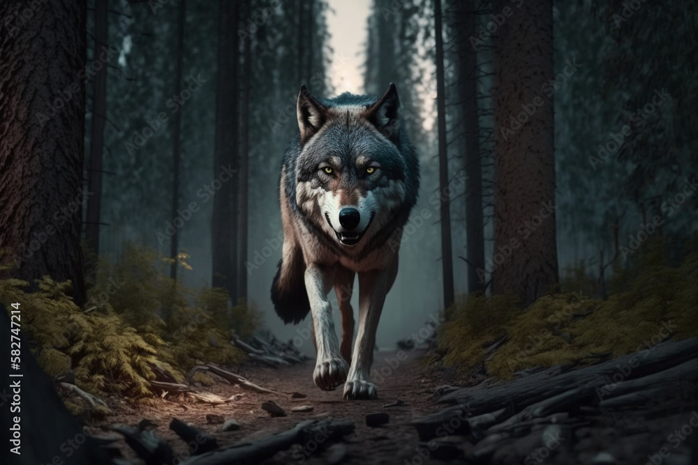 Pov Highly defined macrophotography of a realistic wolf running across ...