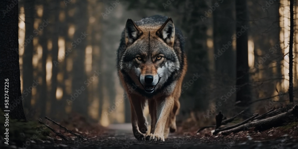 ภาพประกอบสต็อก Pov Highly defined macrophotography of a realistic wolf running across the dark ...
