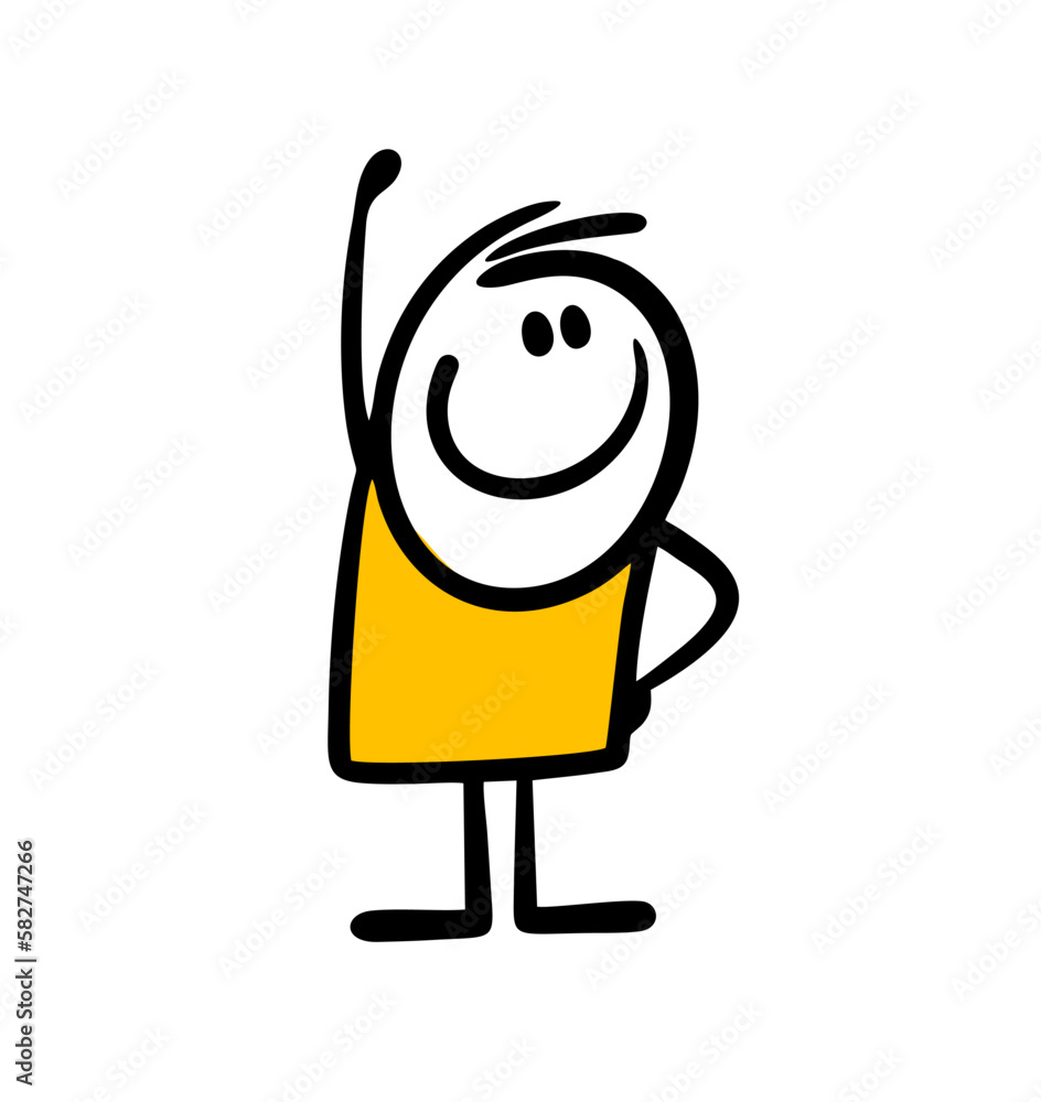 Funny cartoon stickman boy raised his hand in greeting and smiles ...