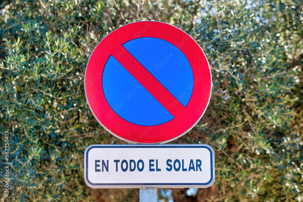 Prohibited Parking Sign with Spanish Text 'En todo el Solar' - No ...