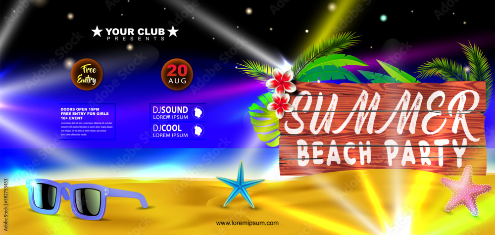Summer beach party banner flyer design with sunglasses and beach ball on tropical island at ...