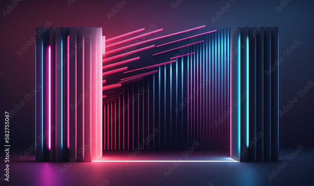 an abstract image of a neon colored structure with vertical lines on a black background with a ...