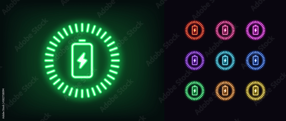Outline neon charging battery icon set. Glowing neon battery with ...