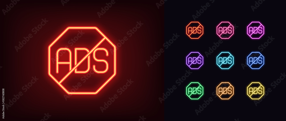 Outline neon no Ads icon set. Glowing neon Ad ban sign, prohibited ...