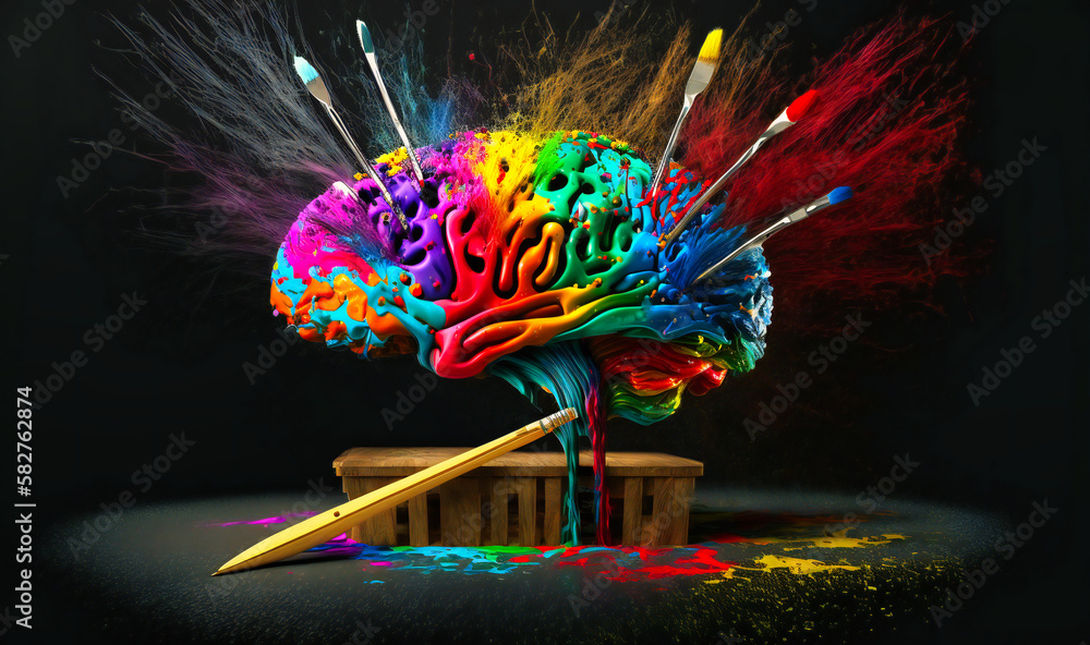 A brain made up of paintbrushes and colors, depicting the relationship ...