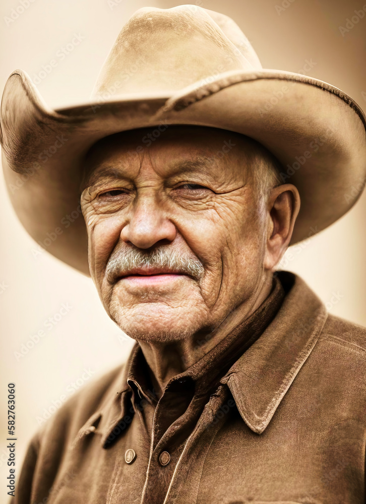 old white cowboy with a wide hat, a brown shirt and a wrinkled face ...