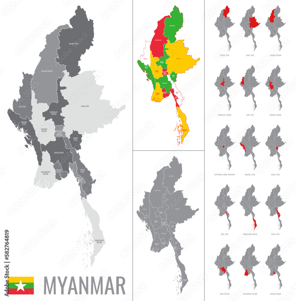 Detailed vector map of regions of Myanmar with flag Stock Vector ...